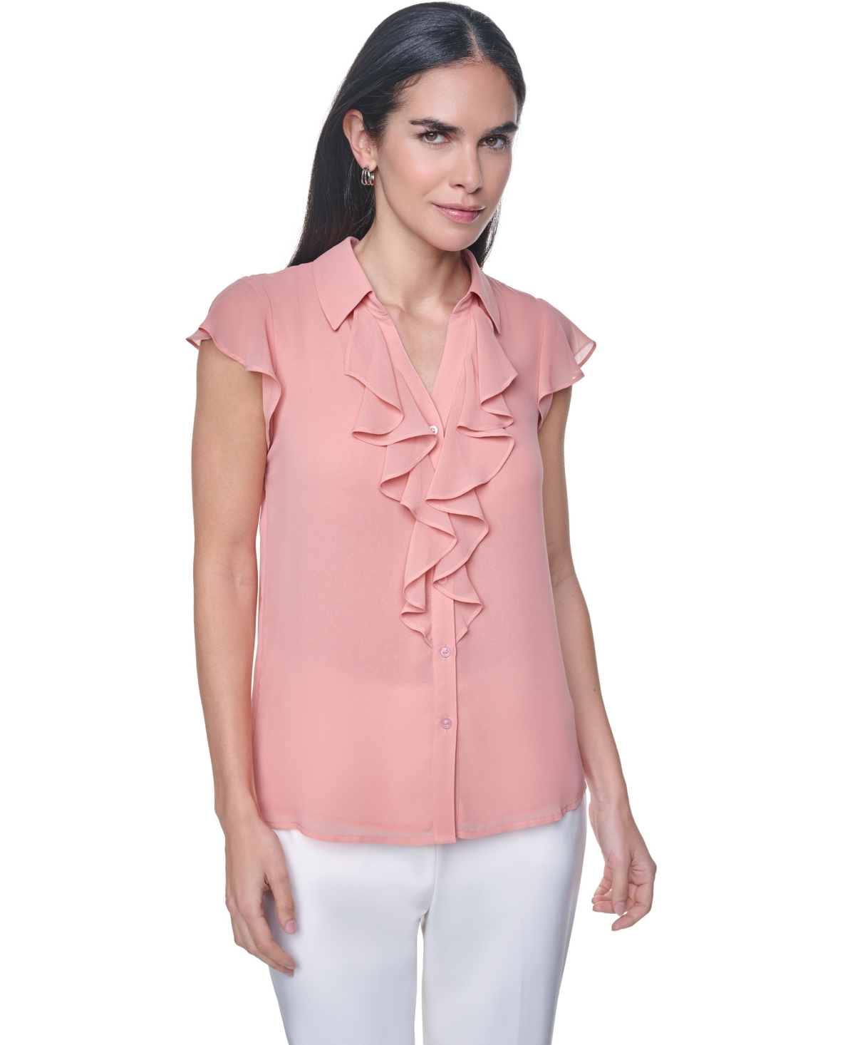 Click here for Calvin Klein Womens Collared Ruffle Front Blouse -... prices