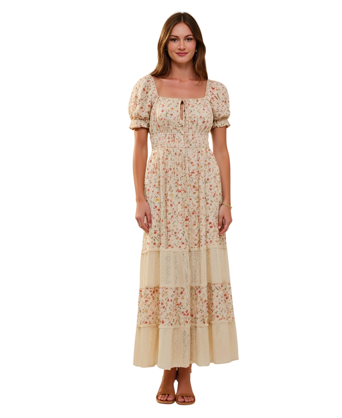 Click here for Modenaire Womens Floral Puff-Sleeve Smocked-Waist... prices