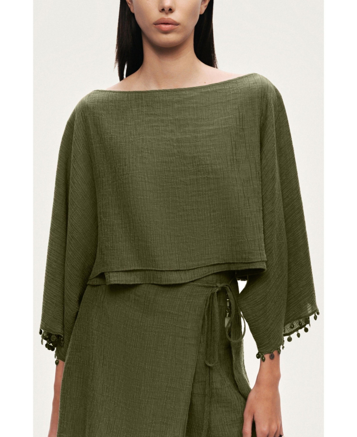 Click here for Nocturne Womens Cropped Boat-Neck Blouse - Khaki prices