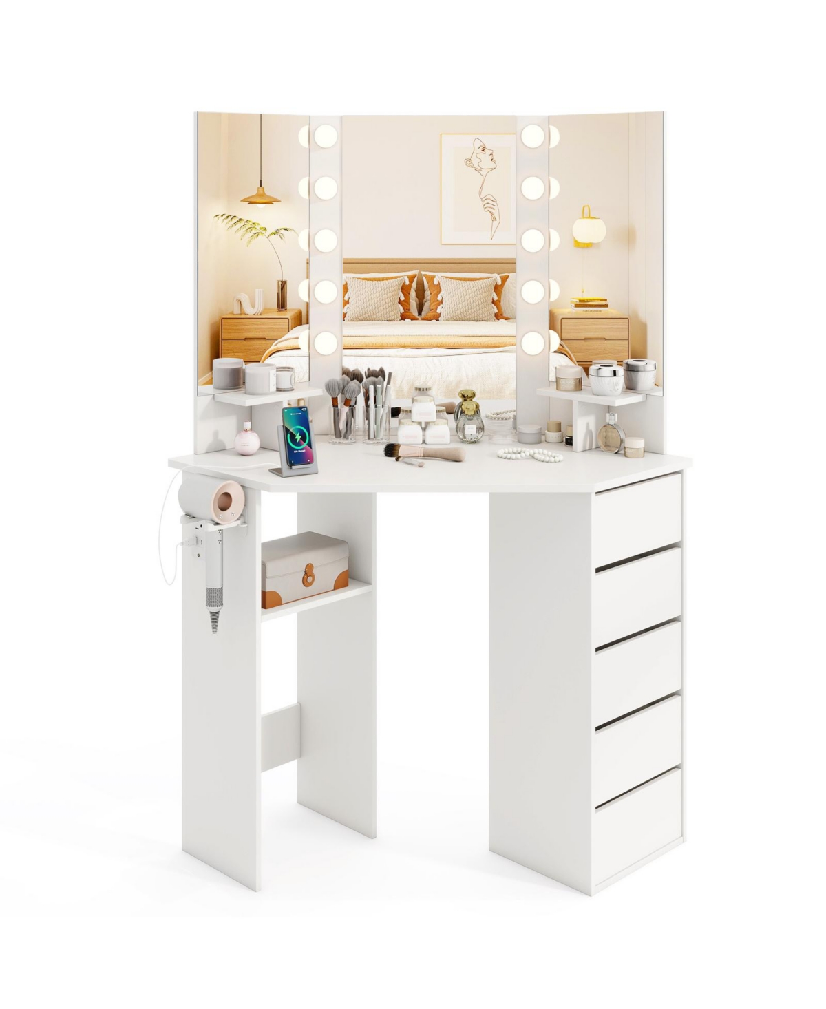Click here for Gouun Corner Vanity Desk with 3-Color Led Mirror... prices
