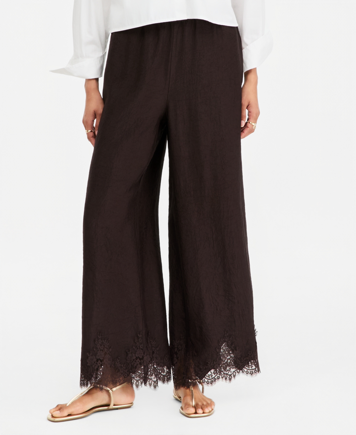 Click here for On 34th Womens Crinkle Satin Lace-Hem Pull-On Pant... prices