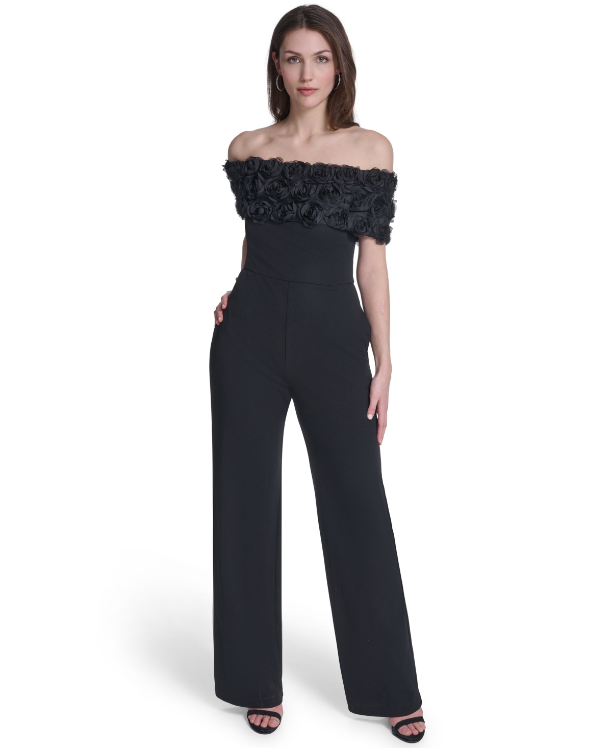 Click here for Eliza J Petite Off-The-Shoulder Jumpsuit - Black prices