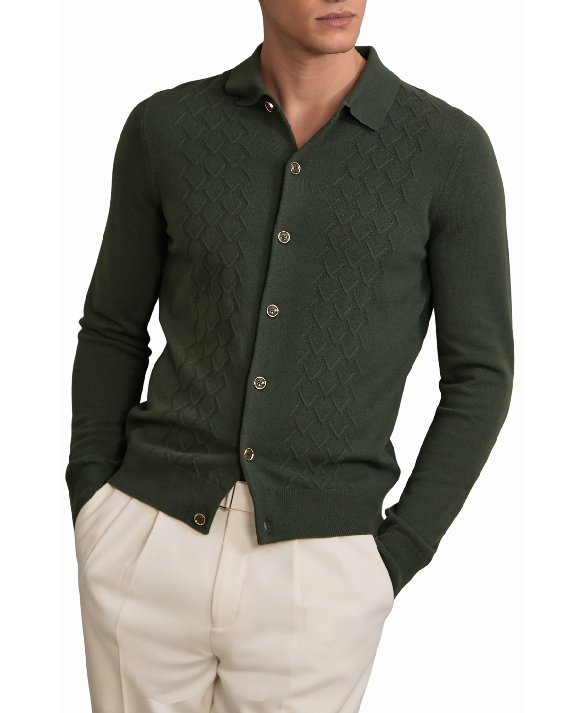 Click here for Reiss Mens Wool V-Stitch Button-Through Cardigan S... prices