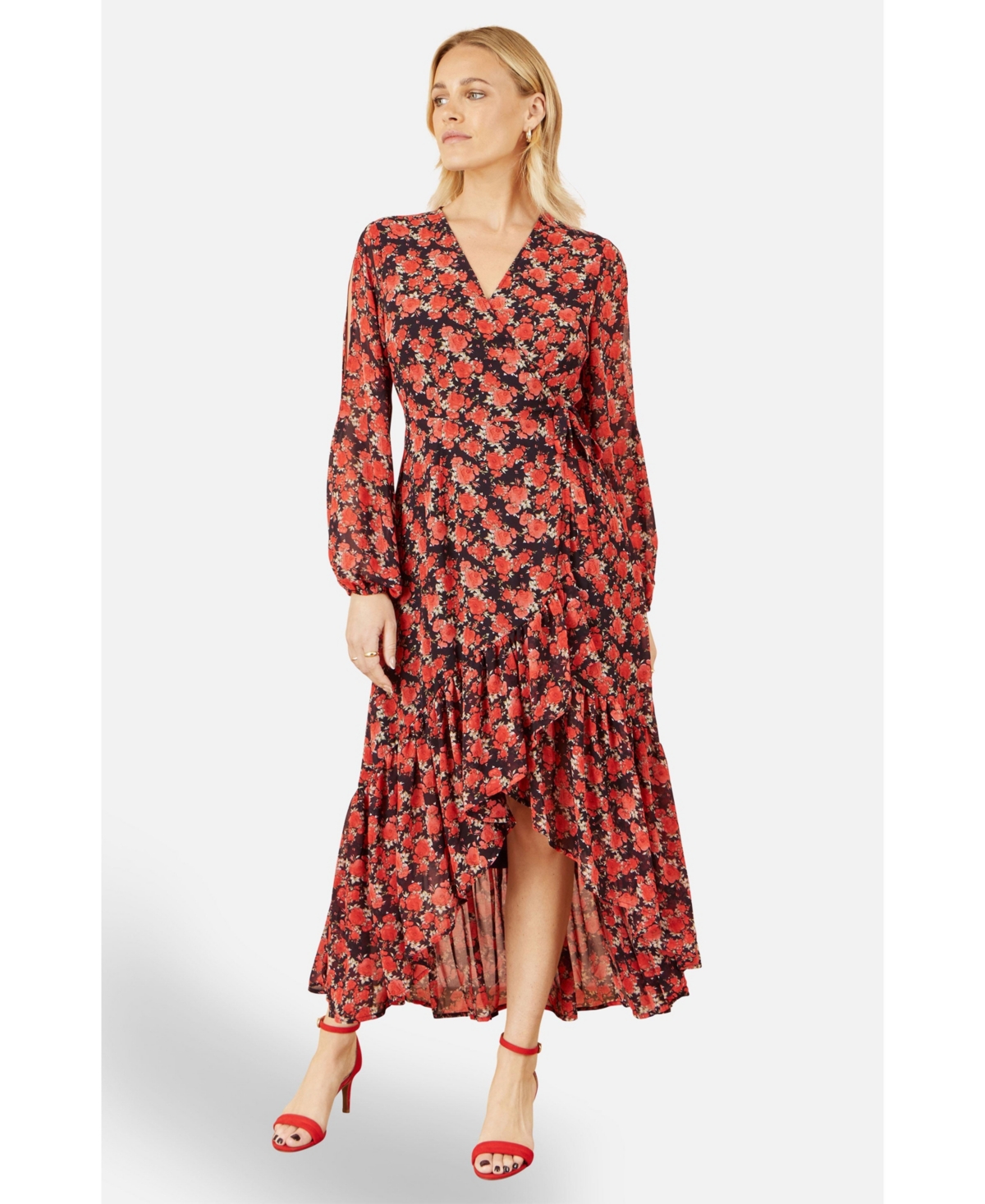 Click here for Yumi Womens Rose Print Dipped Hemline Midi Dress -... prices