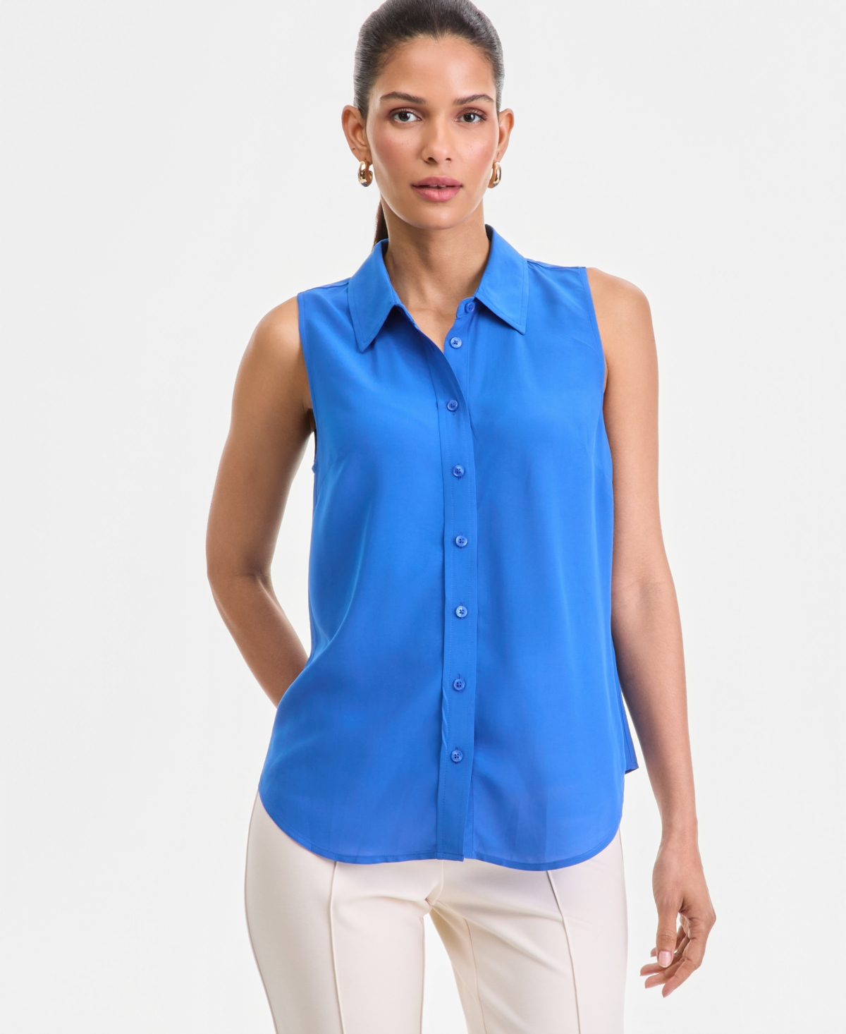 I.n.c. International Concepts Womens Printed Button-Down Sleeveless Blouse  Exclusively at Macys - Sailor Blue