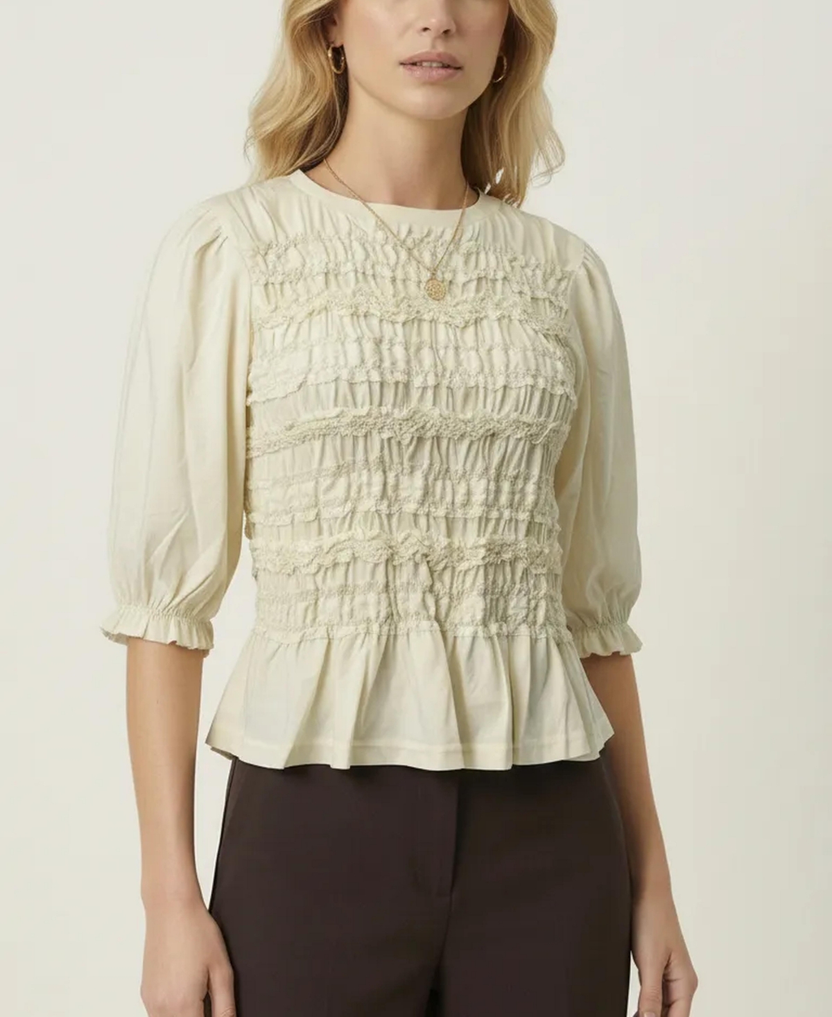 Click here for Modenaire Womens Smocked Peplum Puff-Sleeve Blouse... prices