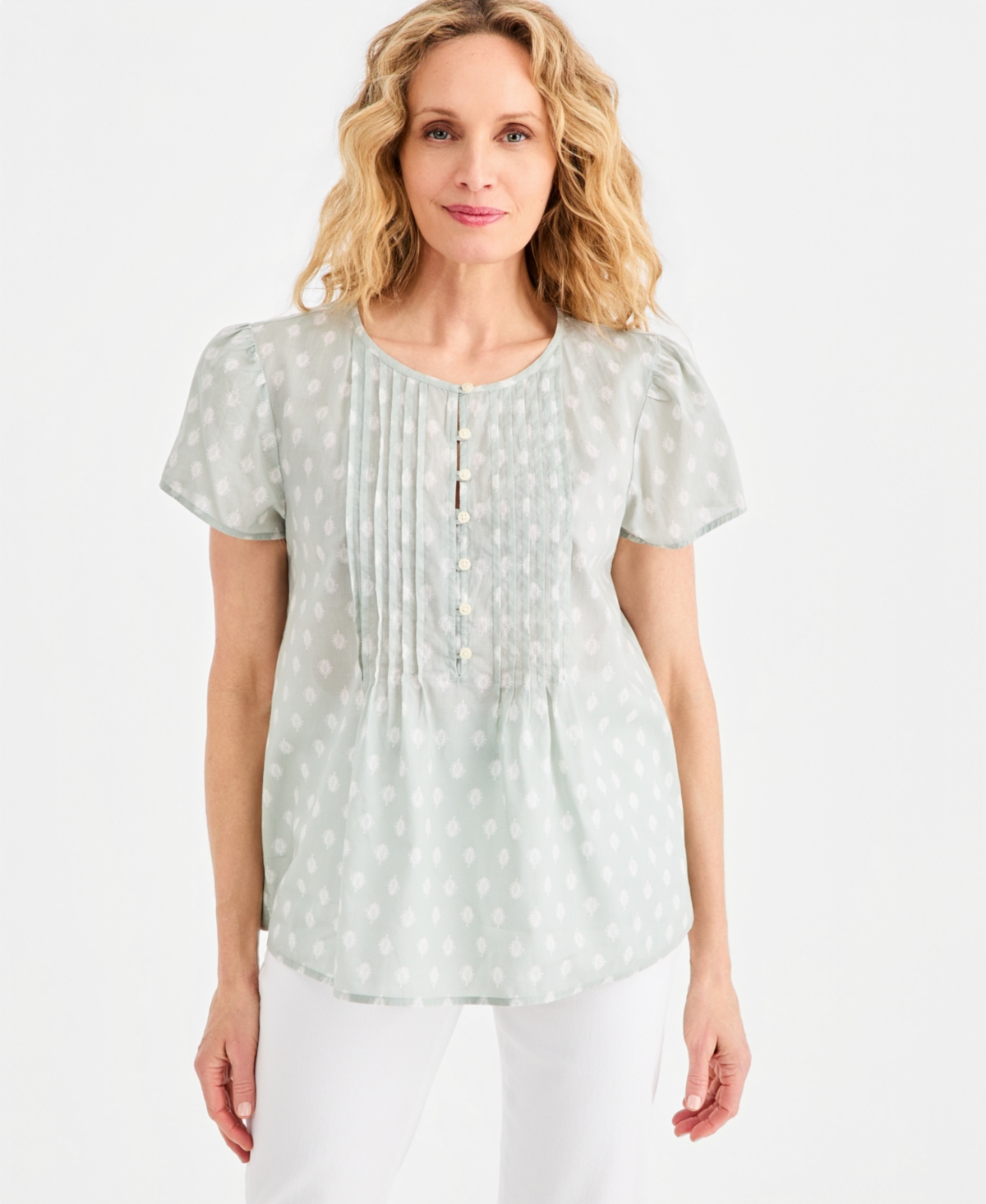 Click here for Style & Co Womens Printed Cotton Pintuck Flutter-S... prices