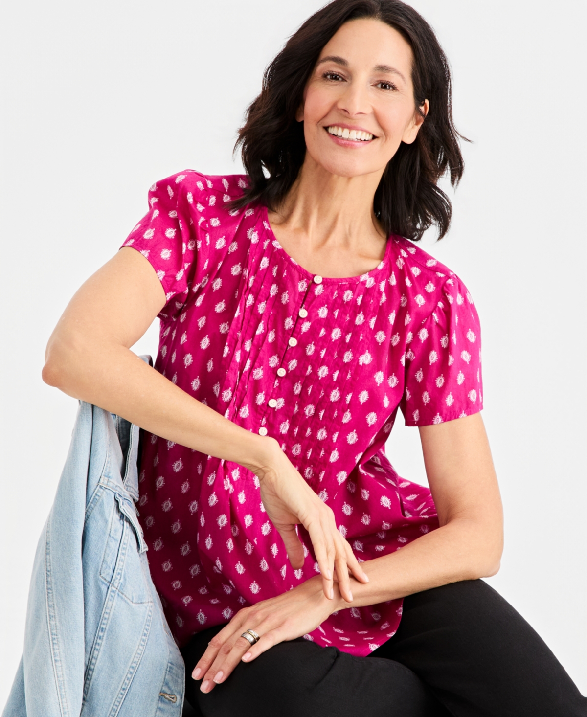 Click here for Style & Co Womens Printed Cotton Pintuck Flutter-S... prices
