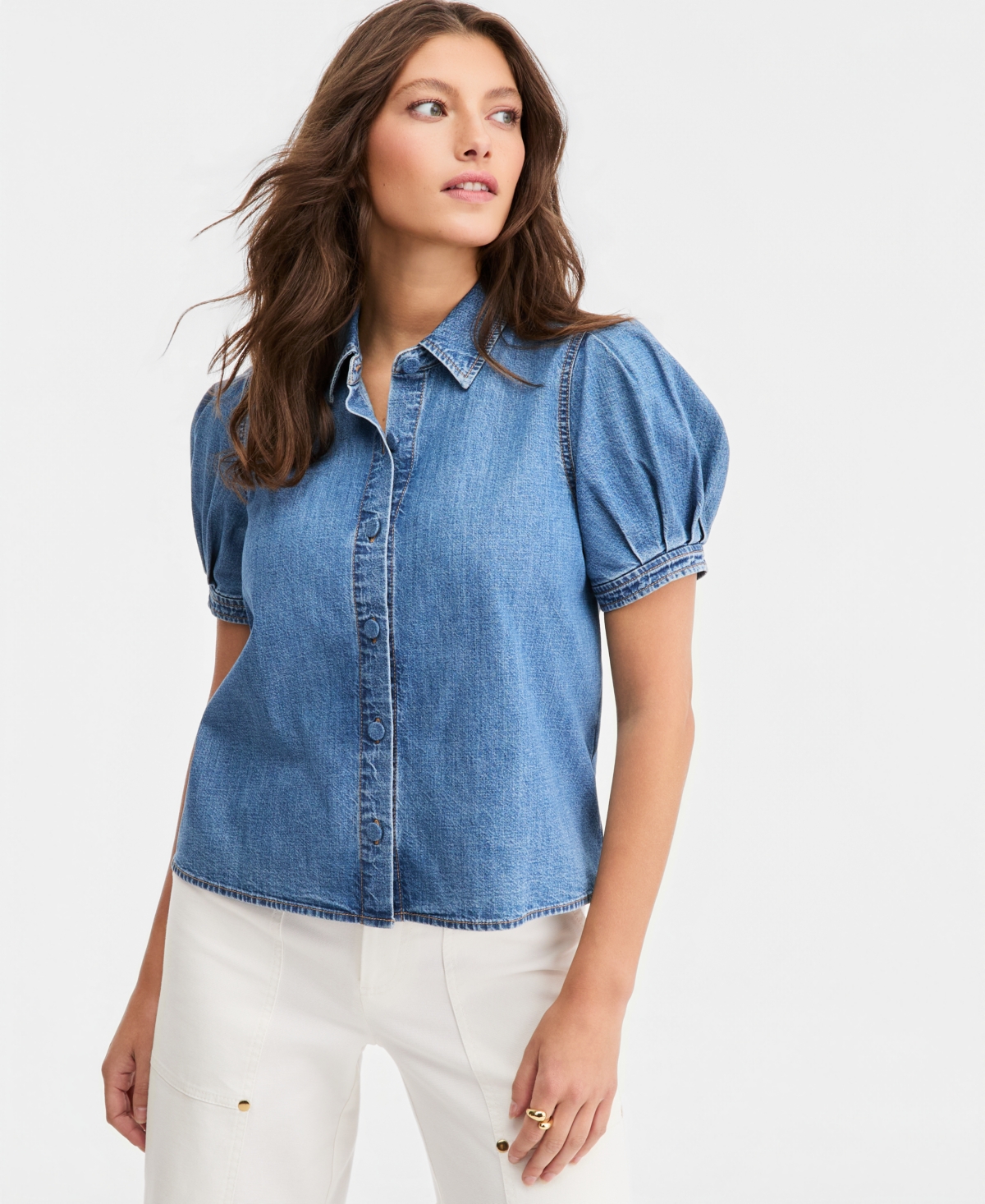 Click here for On 34th Womens Cotton Puffed-Sleeve Denim Shirt  M... prices