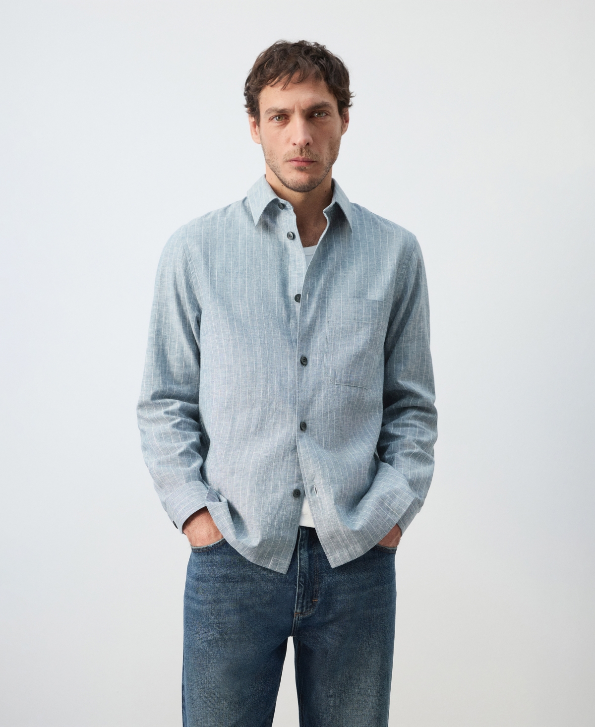 Click here for Mango Mens Linen-And-Cotton-Blend Striped Shirt -... prices