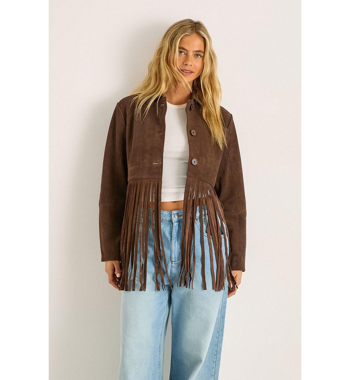 Click here for Nasty Gal Womens Real Suede Fringe Jacket - Chocol... prices