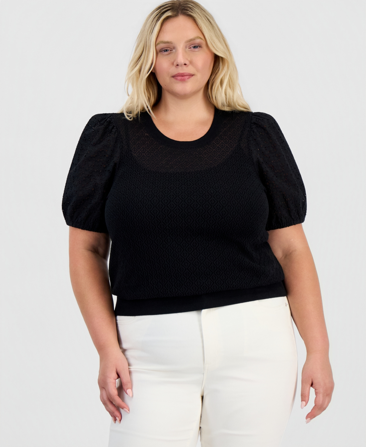 Click here for Style & Co Plus Size Puff Ss Pointelle Sweater  Ma... prices