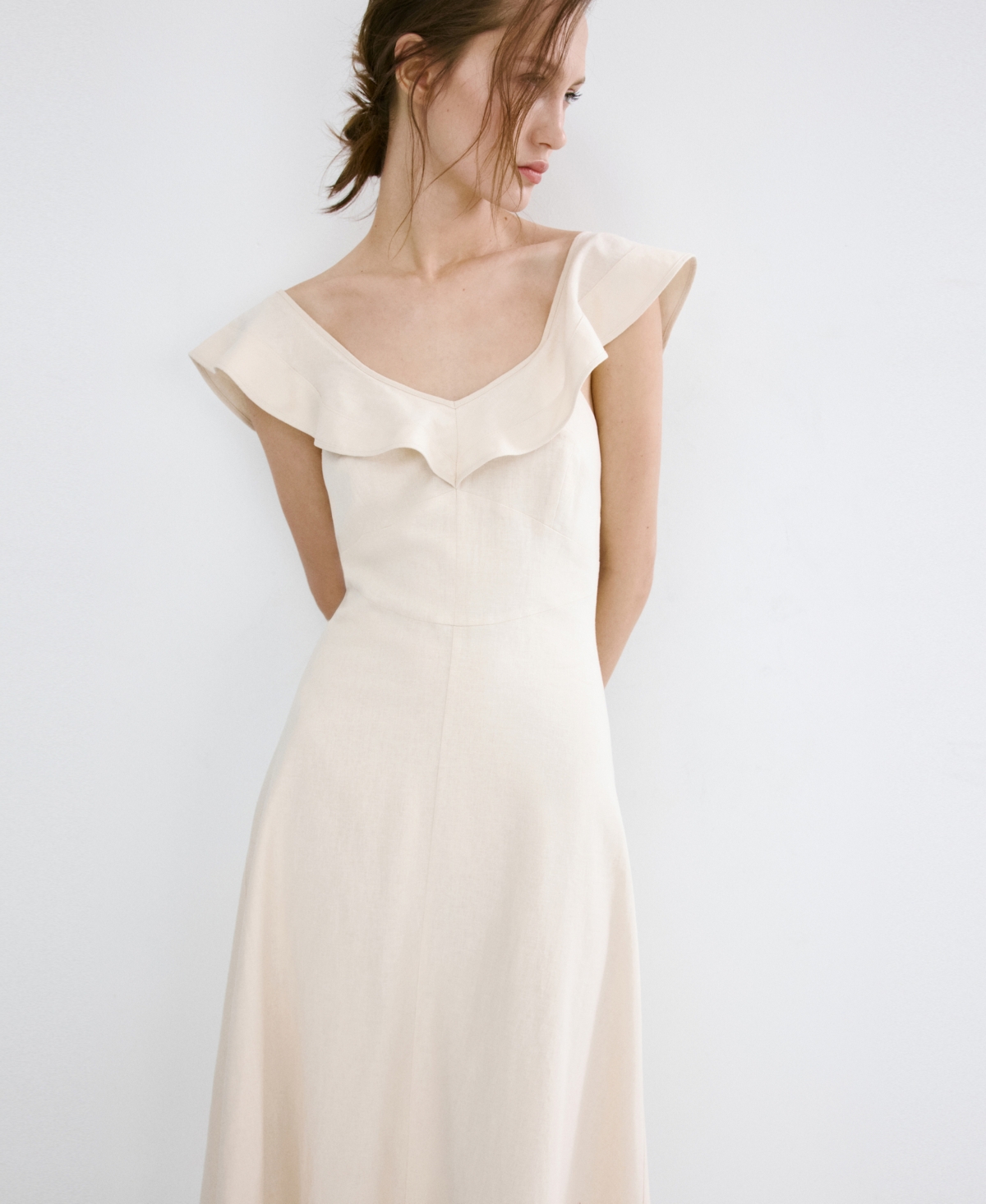 Click here for Mango Womens Ruffled Linen Dress - Sand prices