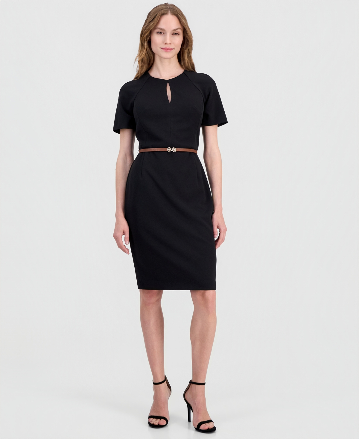 Click here for Anne Klein Womens Belted Scuba Crepe Sheath Dress... prices