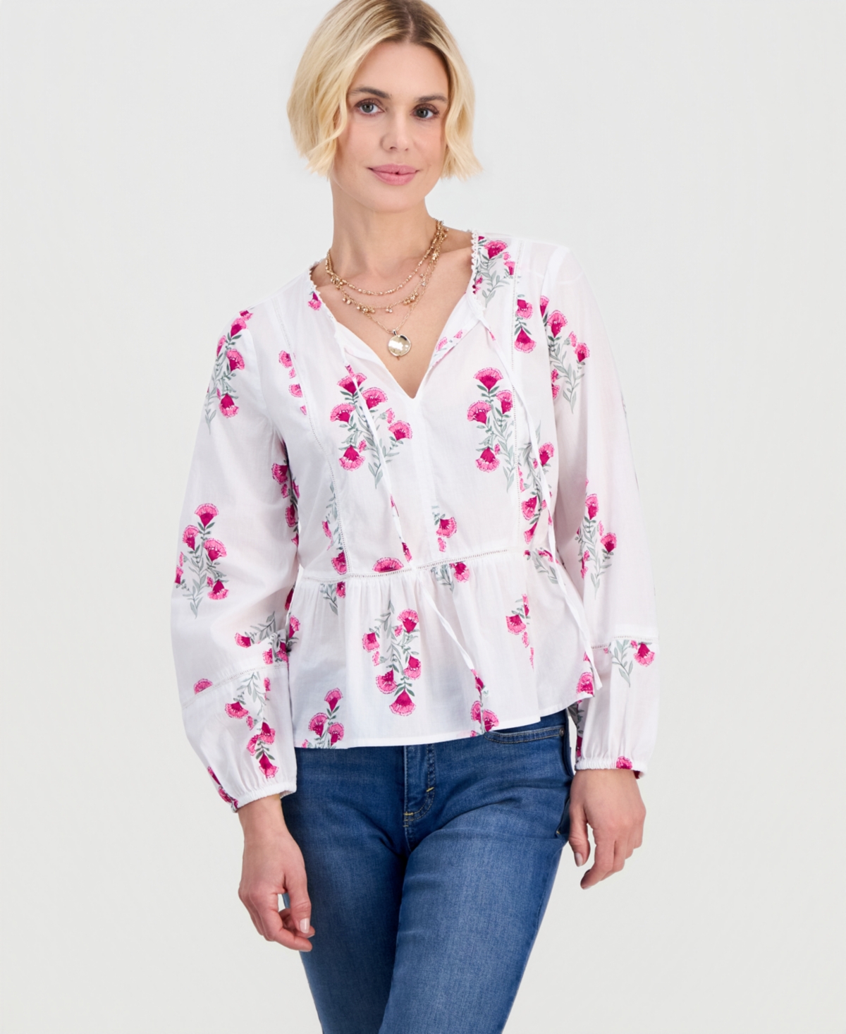 Click here for Style & Co Petite Cotton Floral-Embroidered Peplum... prices