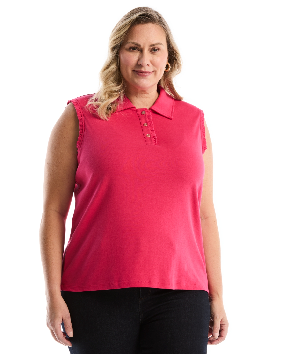 Click here for Rafaella Plus Size Ruffle Trim Sleeveless Polo Shi... prices