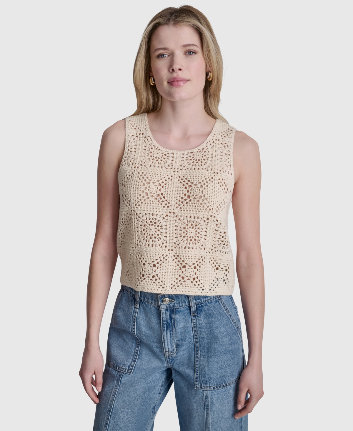 Click here for Dkny Jeans Womens Sleeveless Crochet Square Knit T... prices