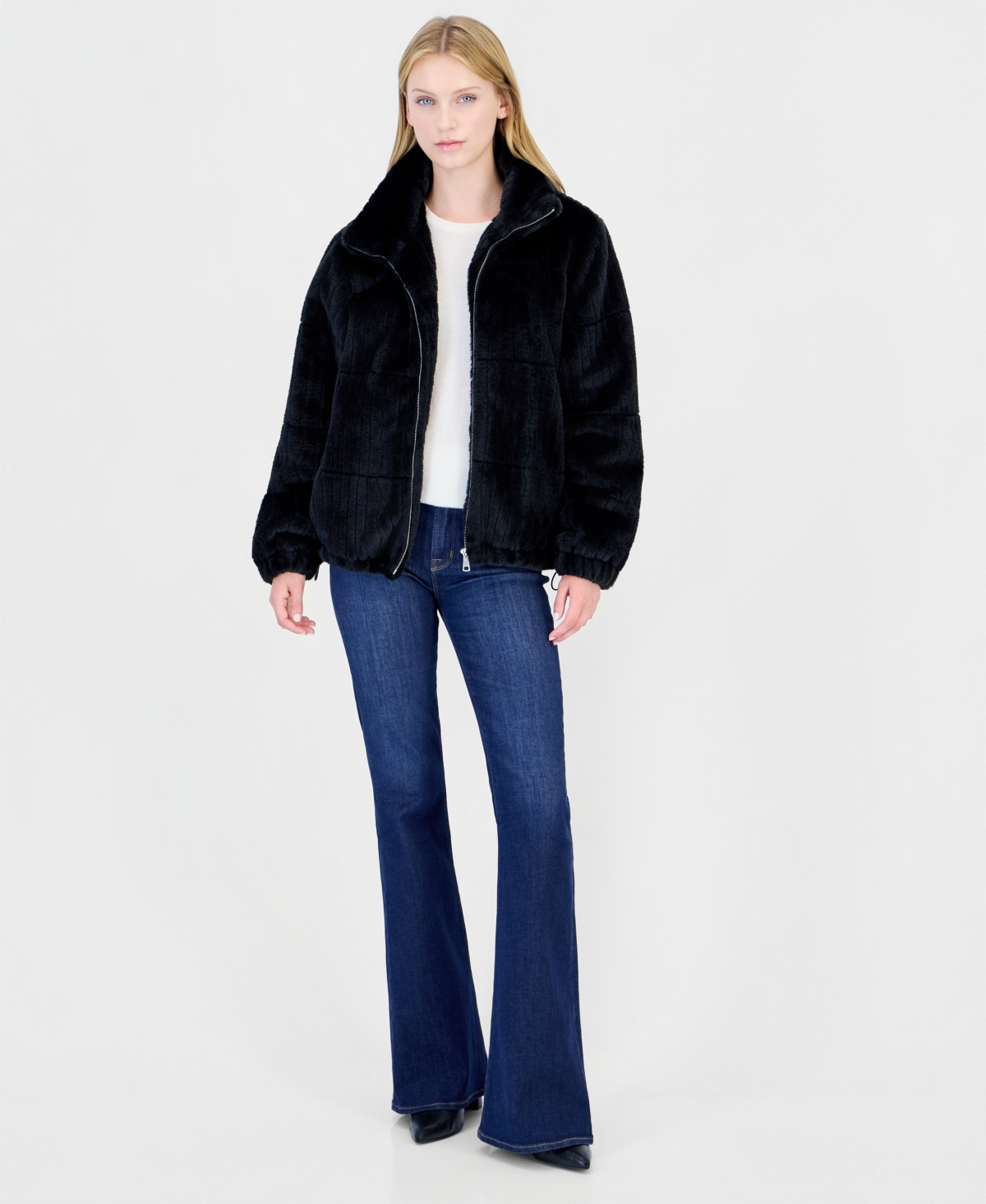 Click here for Jou Jou Womens Faux Fur Funnel Neck Jacket - Black prices