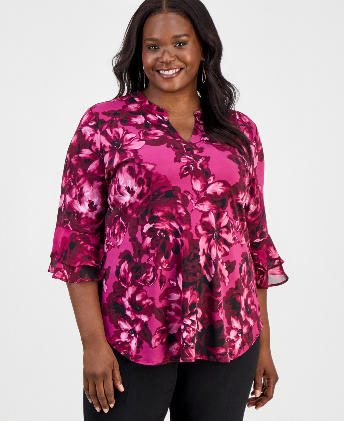 Click here for Kasper Plus Size Split-Neck Printed Flutter-Sleeve... prices