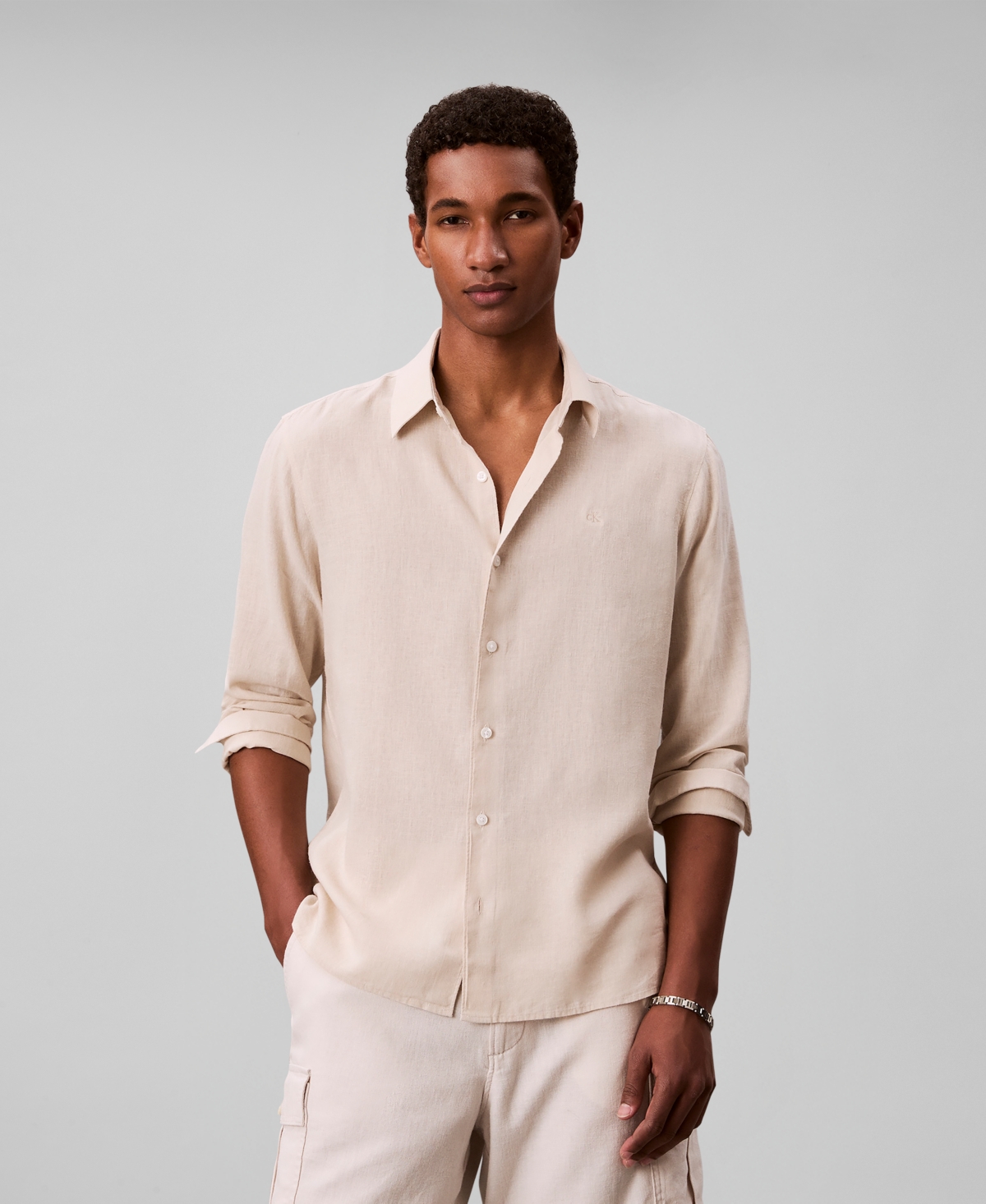Click here for Calvin Klein Mens Solid Linen-Blend Shirt - Oatmea... prices