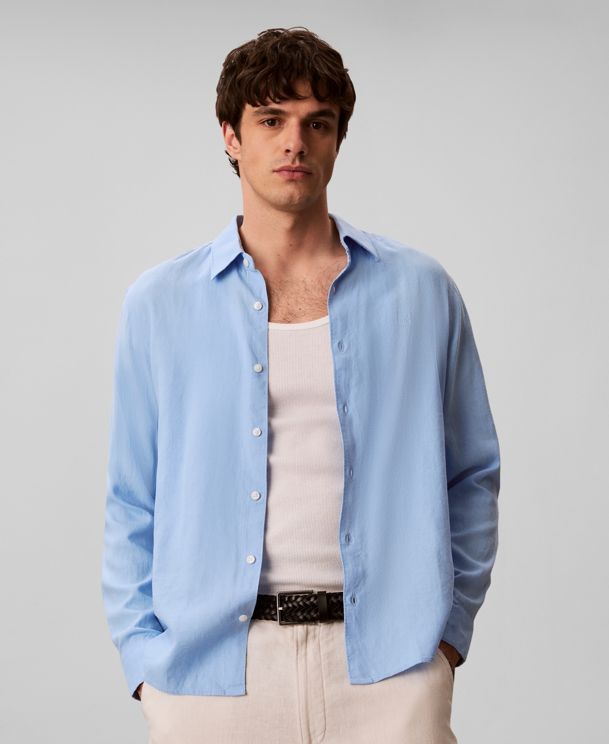 Click here for Calvin Klein Mens Solid Linen-Blend Shirt - Placid... prices