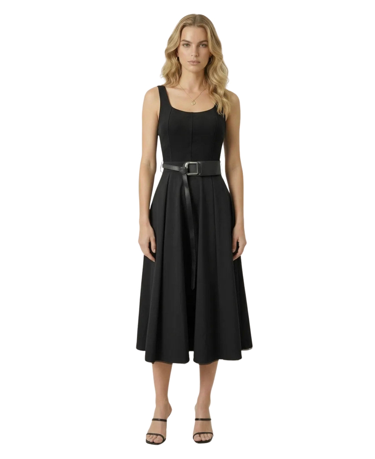 Click here for Modenaire Womens Belted Scoop-Neck Midi Dress - Bl... prices