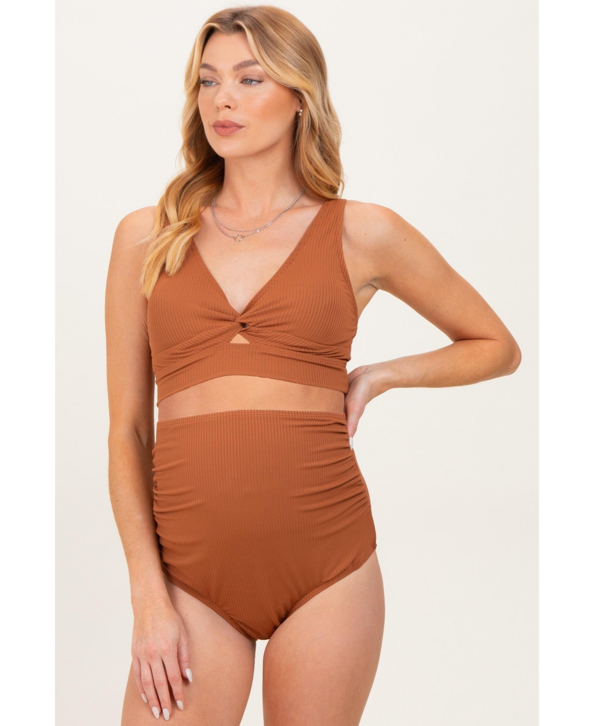 Click here for Pinkblush Maternity Rust Ribbed Twist Front Cutout... prices