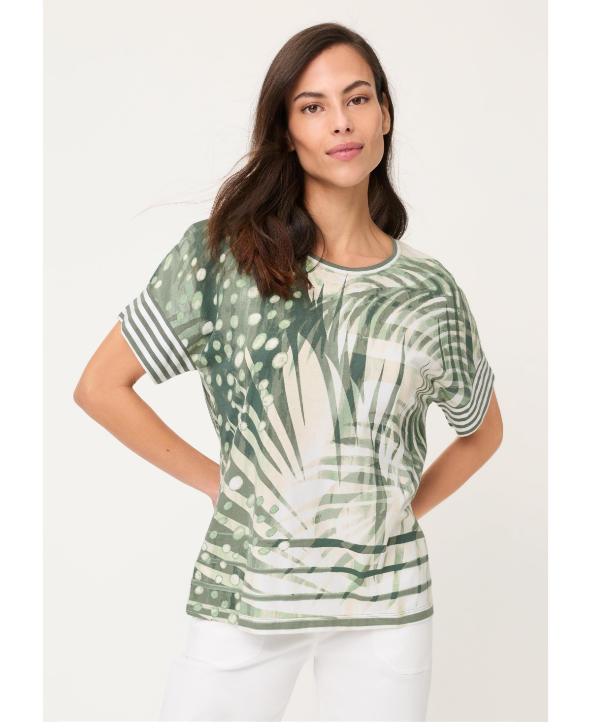 Click here for Olsen Womens Abstract Palm Print T-Shirt - Khaki prices