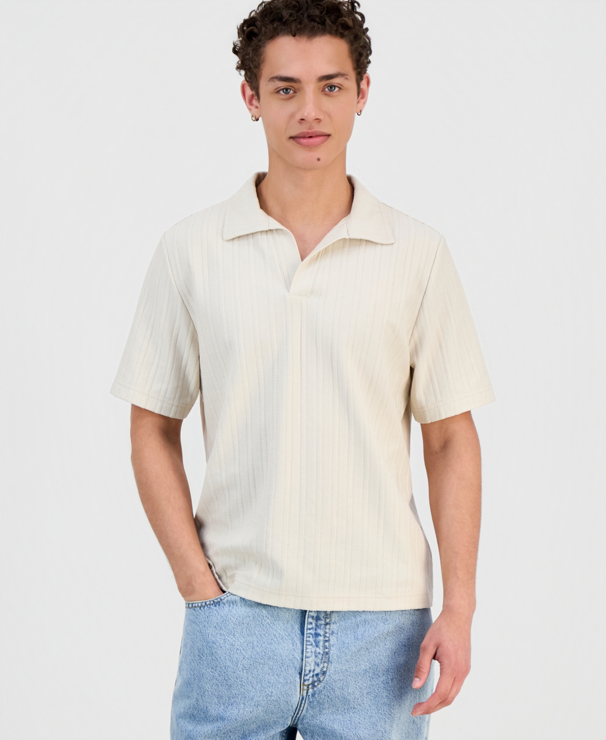 Click here for Sun + Stone Mens Textured Johnny-Collar Polo Shirt... prices