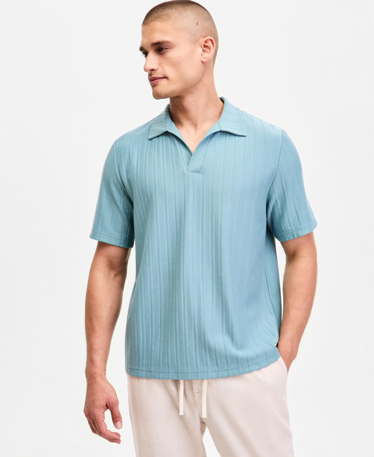 Click here for Sun + Stone Mens Textured Johnny-Collar Polo Shirt... prices