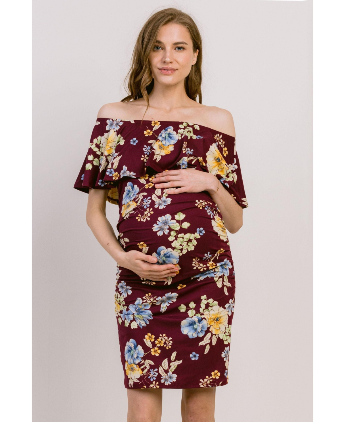 Click here for Hello Miz Maternity Off-the-Shoulder Floral Ruffle... prices