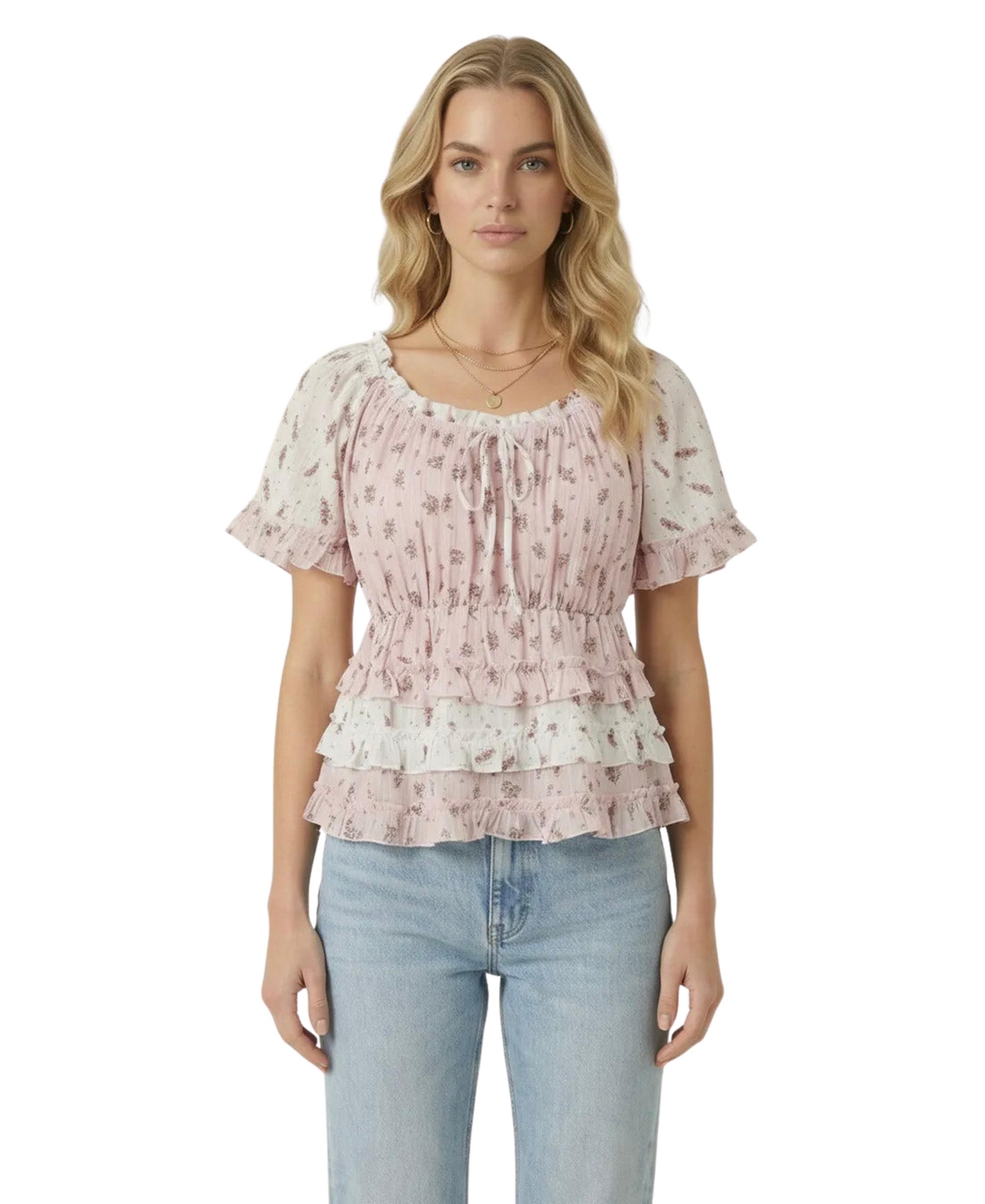 Click here for Modenaire Womens Floral Tie-Neck Ruffle Peplum Top... prices