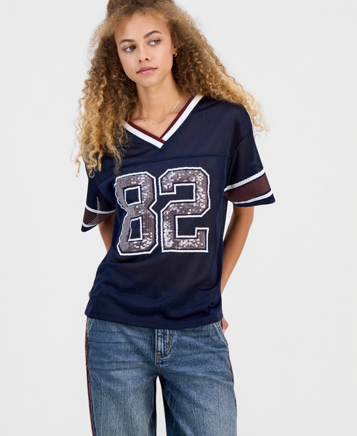 Click here for Madden Girl Juniors Sequin-Trim Mesh Jersey - Navy... prices