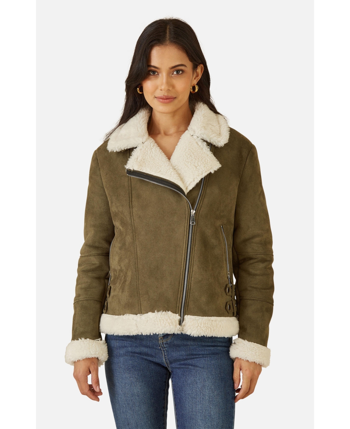 Click here for Yumi Womens Faux Suede Shearling Biker Jacket - Gr... prices