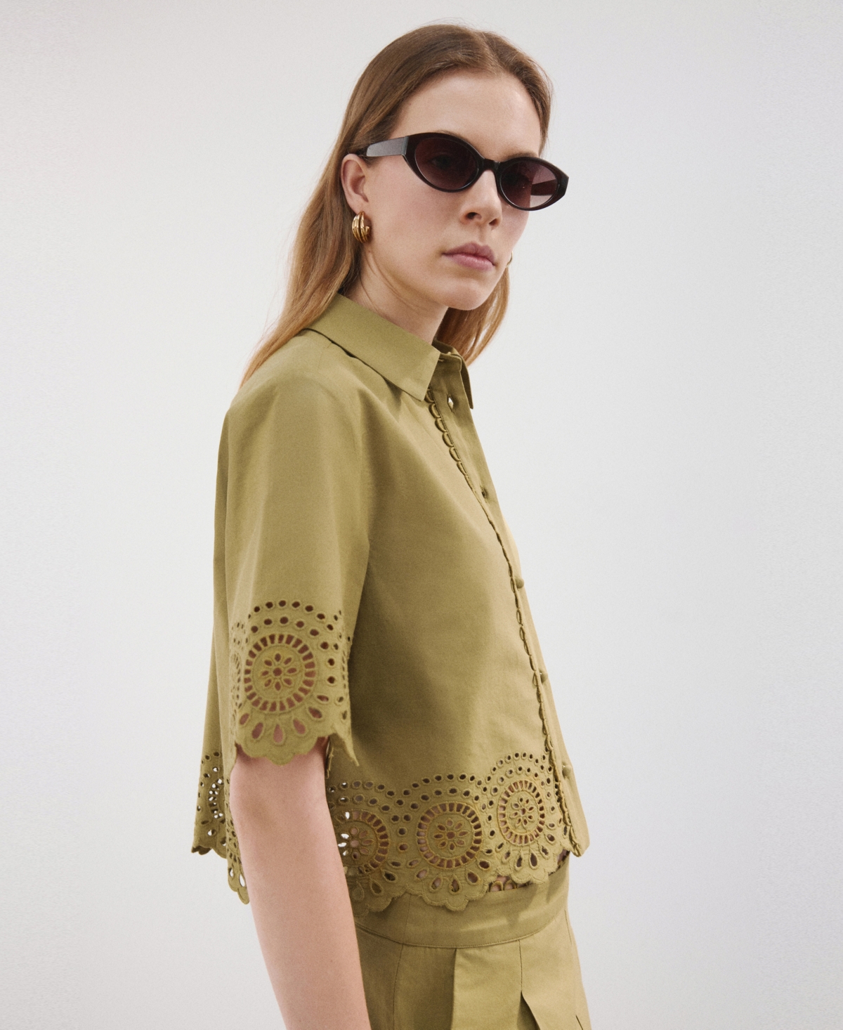 Click here for Mango Womens Embroidered Openwork Shirt - Green prices