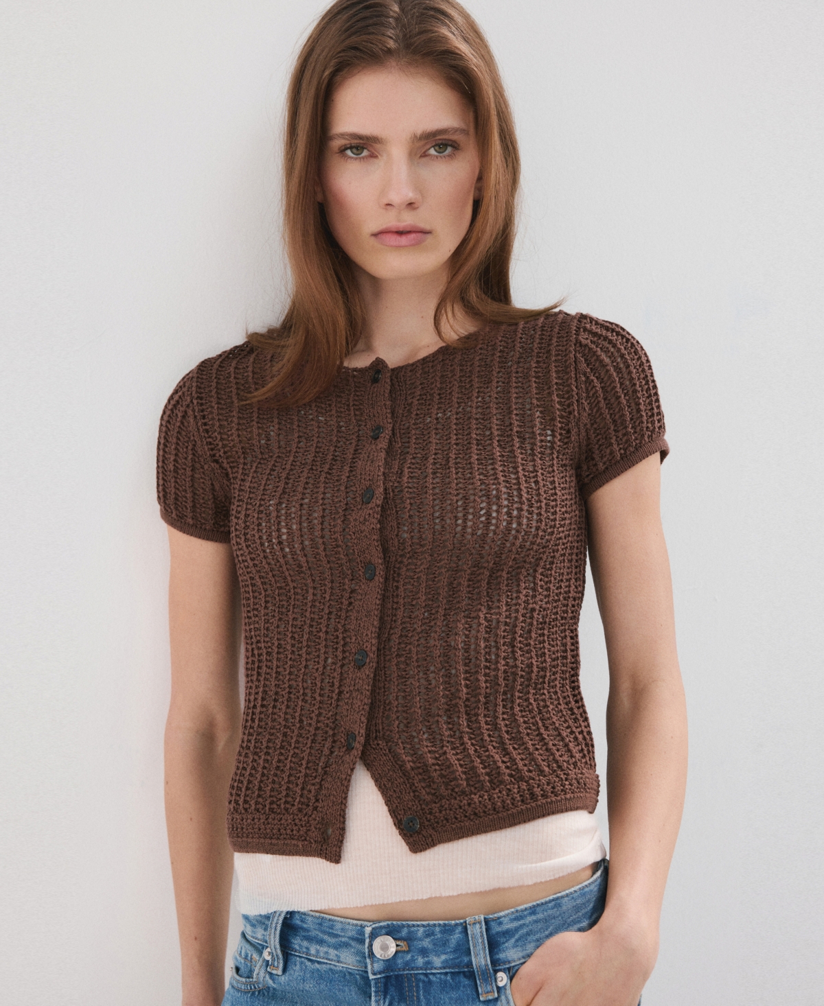Click here for Mango Womens Short-Sleeved Crochet Cardigan - Choc... prices
