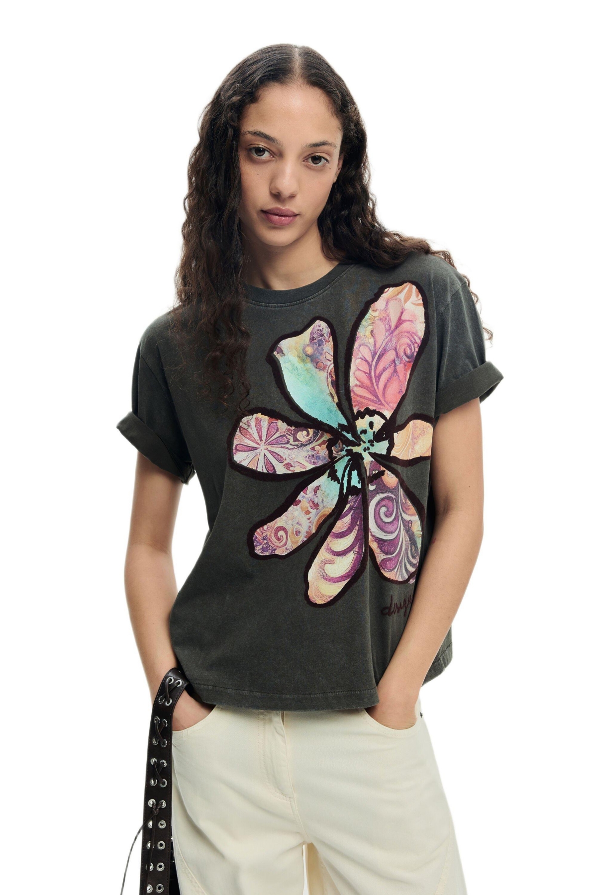 Click here for Desigual Womens Floral Print T-shirt - Dark grey prices