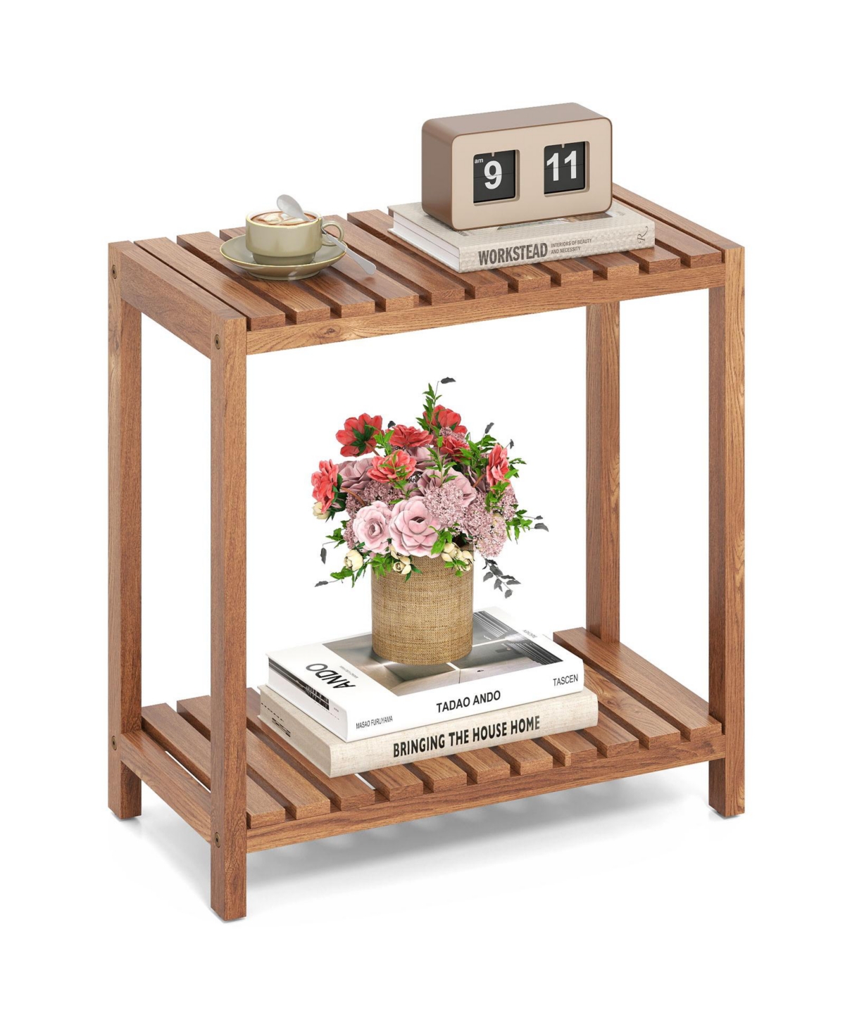 Click here for Gymax 2-Tier Side Table Teak Wood Stand Utility St... prices