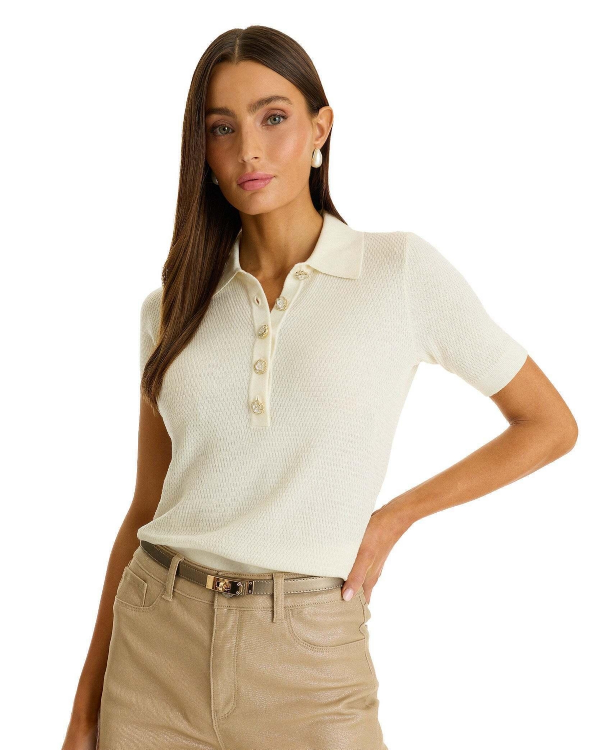 Click here for The Noli Shop Womens Leya Rose Polo Shirt - Pearl prices