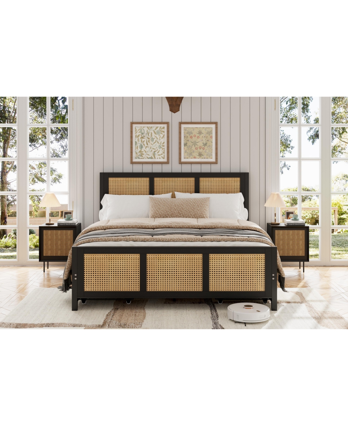 Click here for homfan Rattan Platform Bed Frame with Led Headboar... prices
