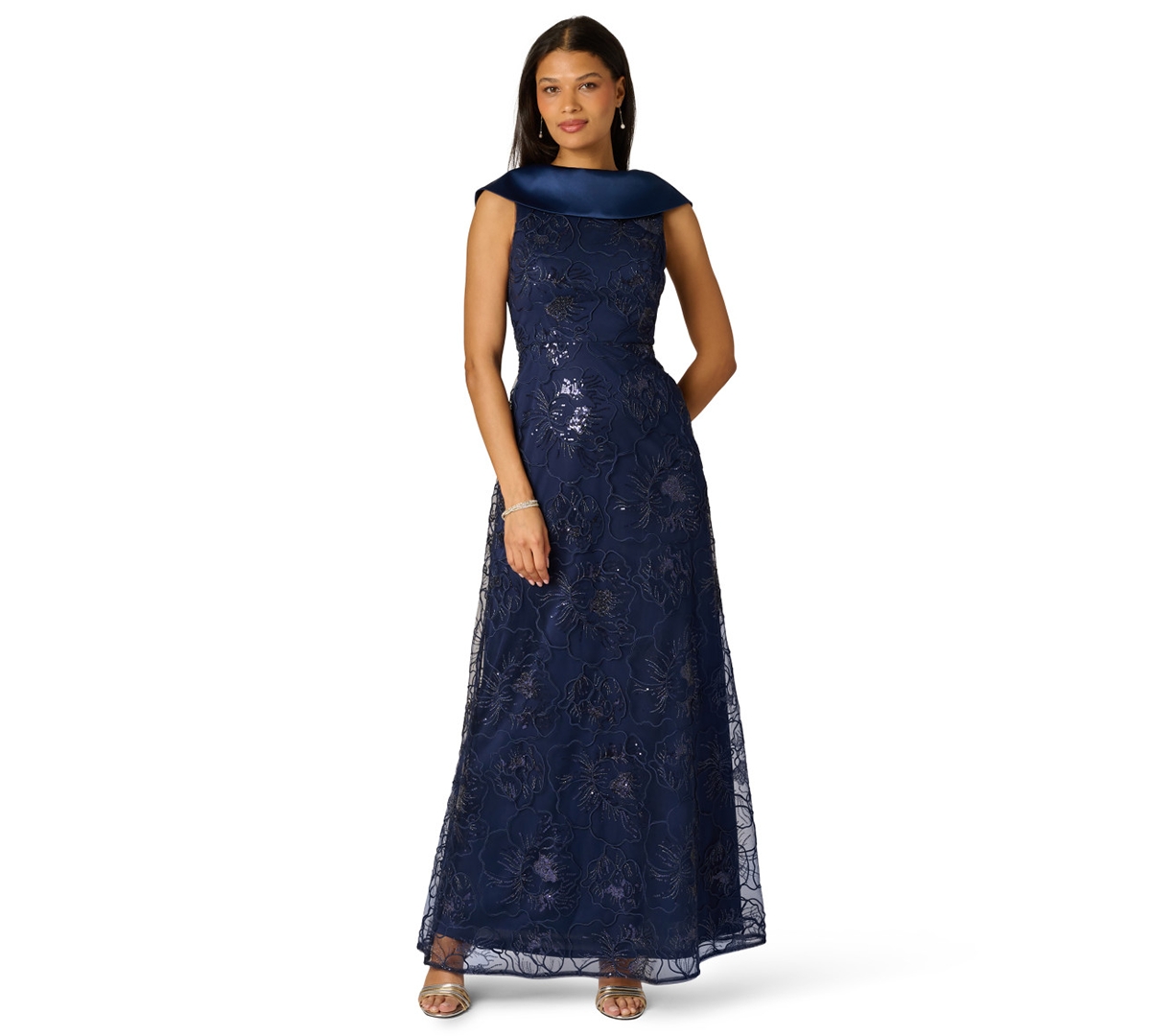 Click here for Adrianna Papell Womens Embroidered Boat Neck Gown... prices