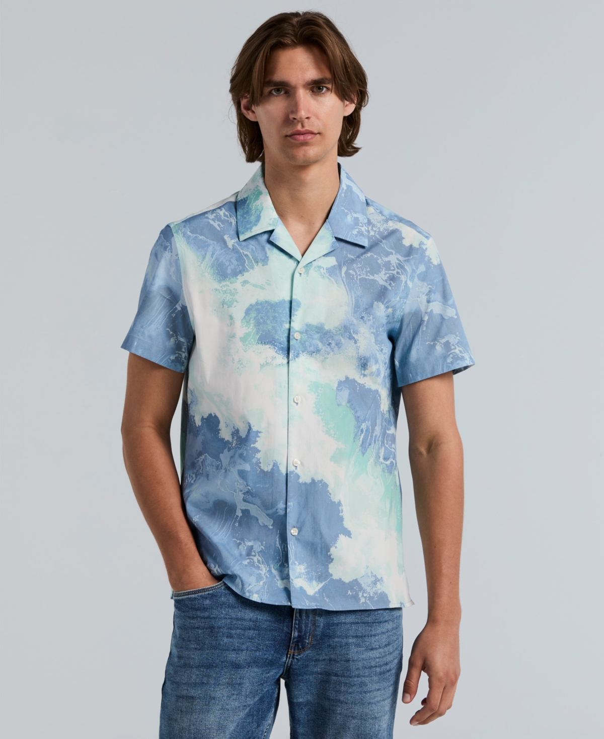 Click here for Perry Ellis Mens Wave Print Camp Collar Shirt - Sk... prices