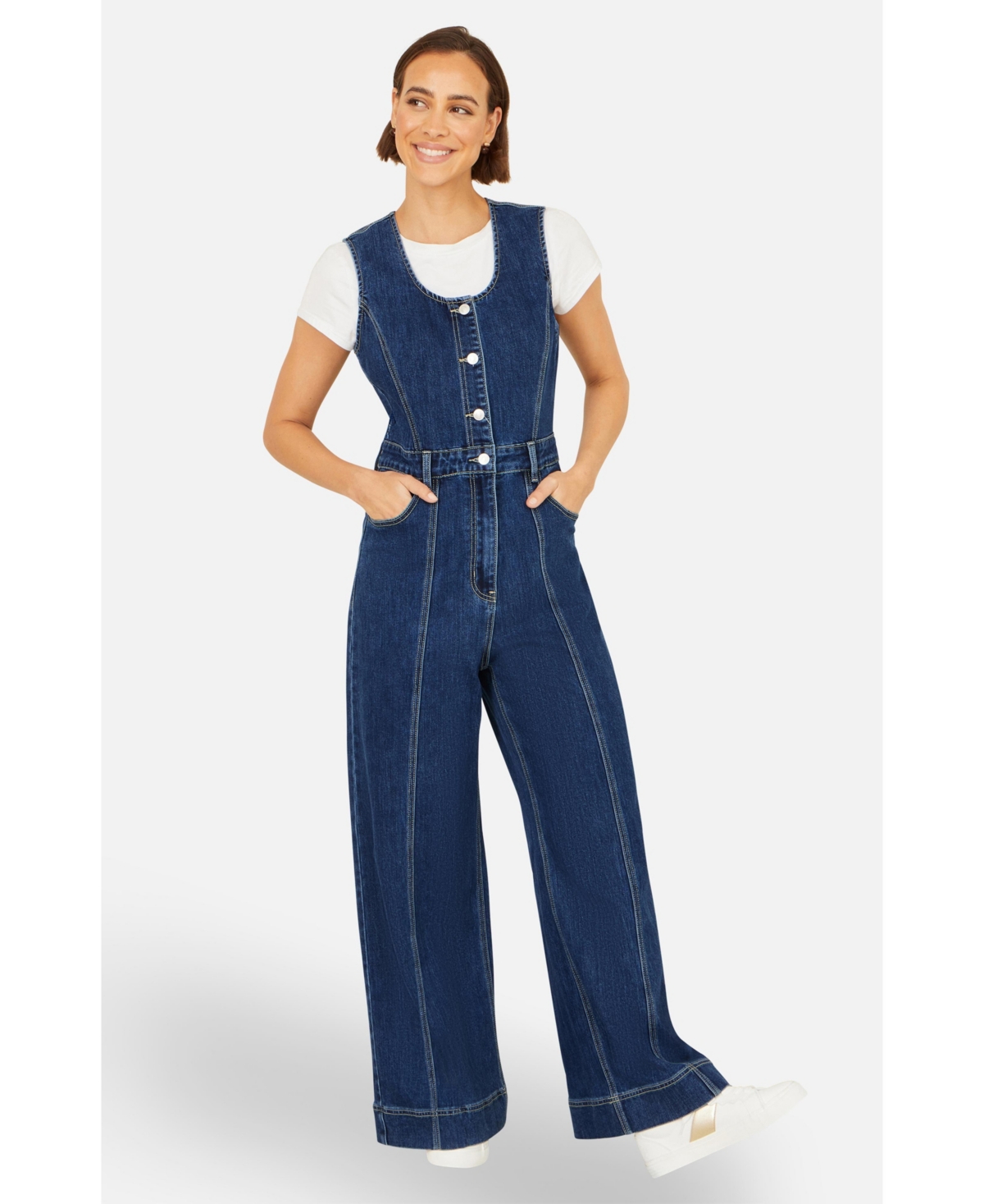 Click here for Yumi Womens Denim Stretch Fitted Jumpsuit - Blue prices