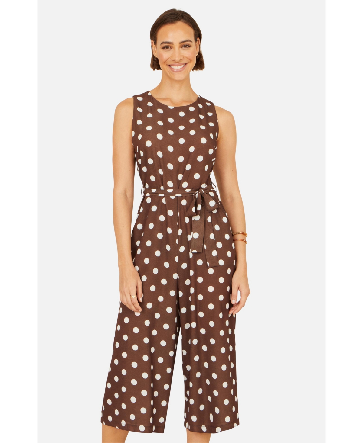 Click here for Yumi Womens Polka Dot Culotte Jumpsuit - Brown prices
