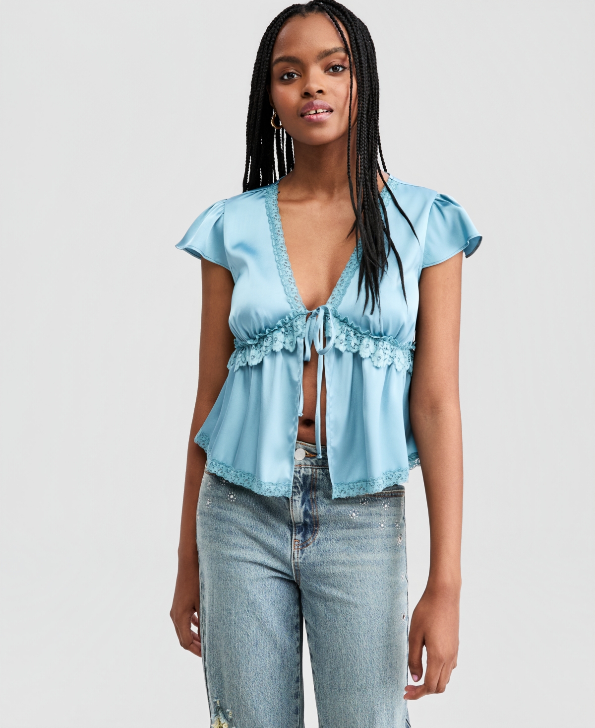 Click here for And Now This Womens Satin Lace Peplum-Hem Top  Mac... prices