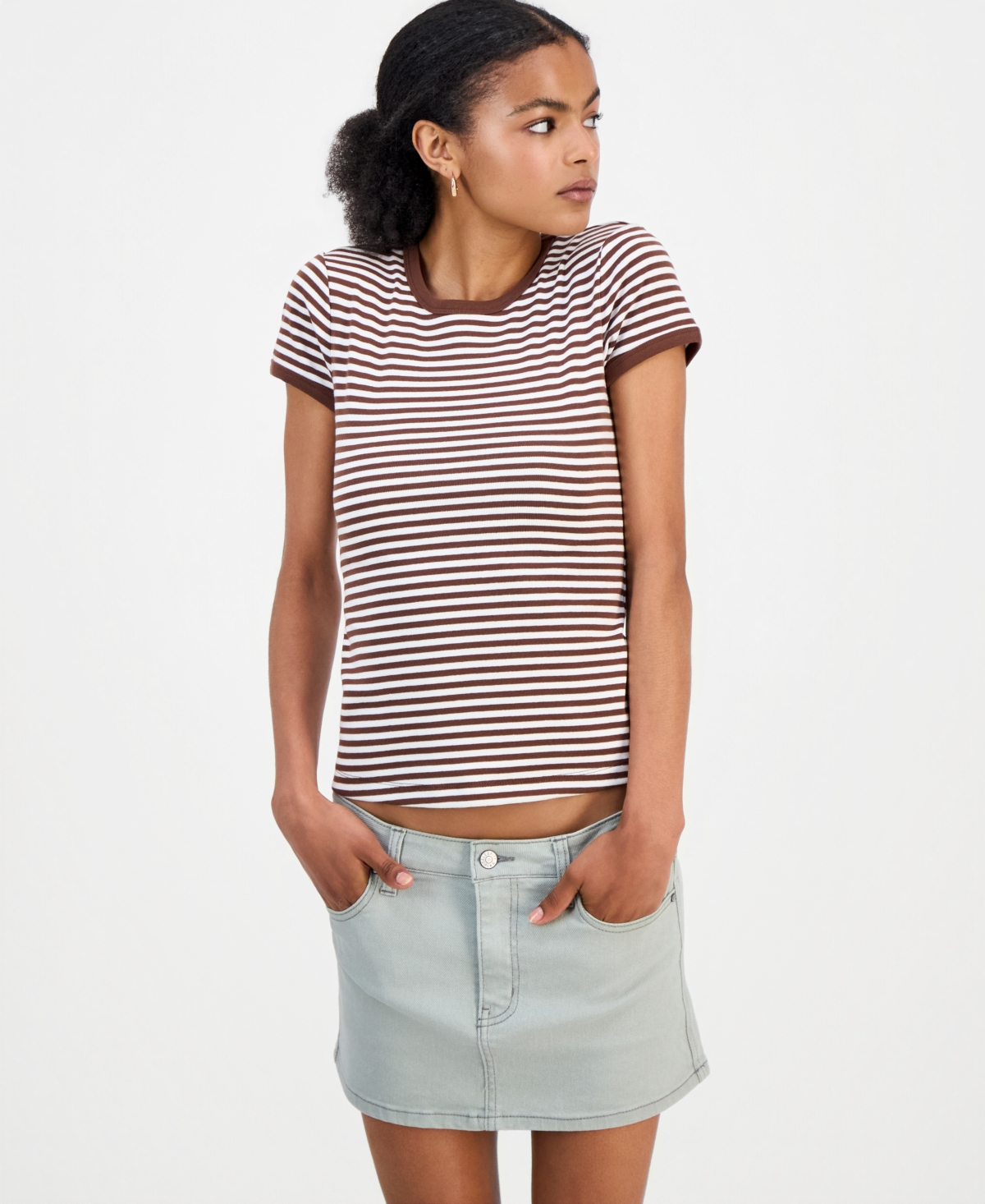 Click here for Just Polly Juniors Striped Ringer T-Shirt - Brown/... prices