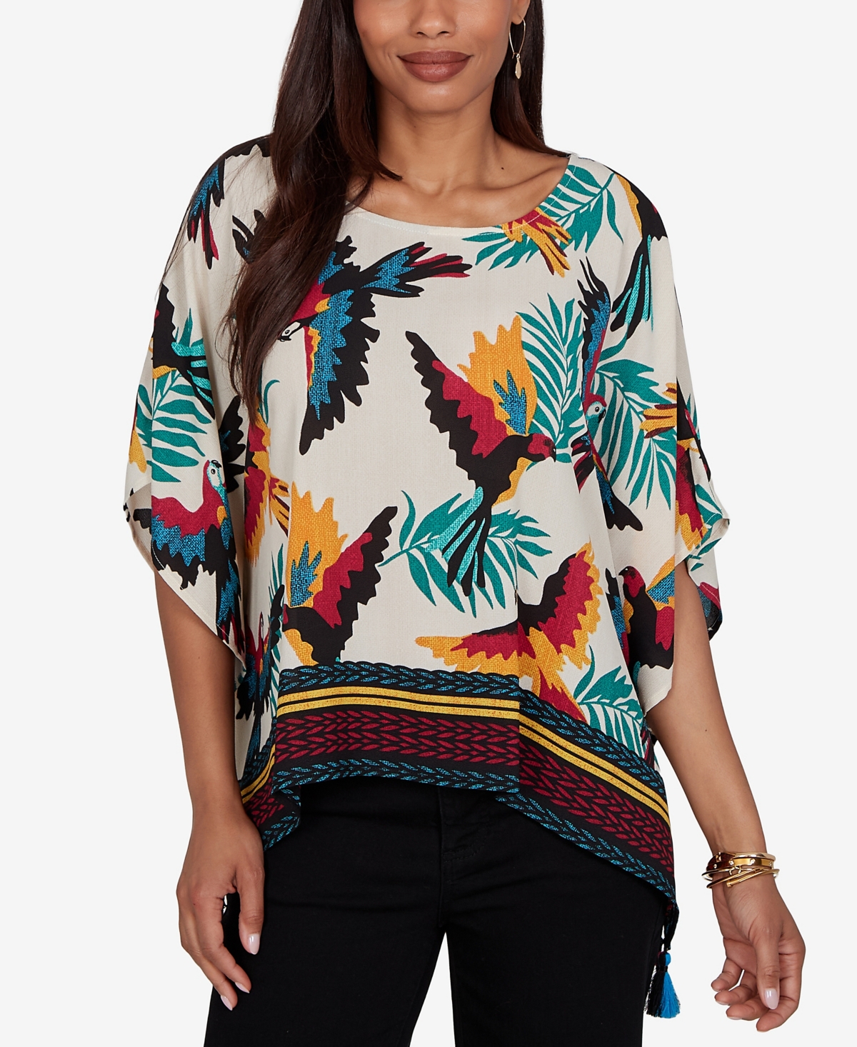 Click here for Ruby Rd. Petite Paradise Birds Printed Crepe Blous... prices