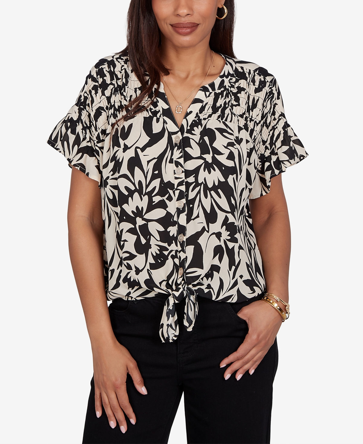 Click here for Ruby Rd. Petite Mono Floral Button Tie-Front Blous... prices