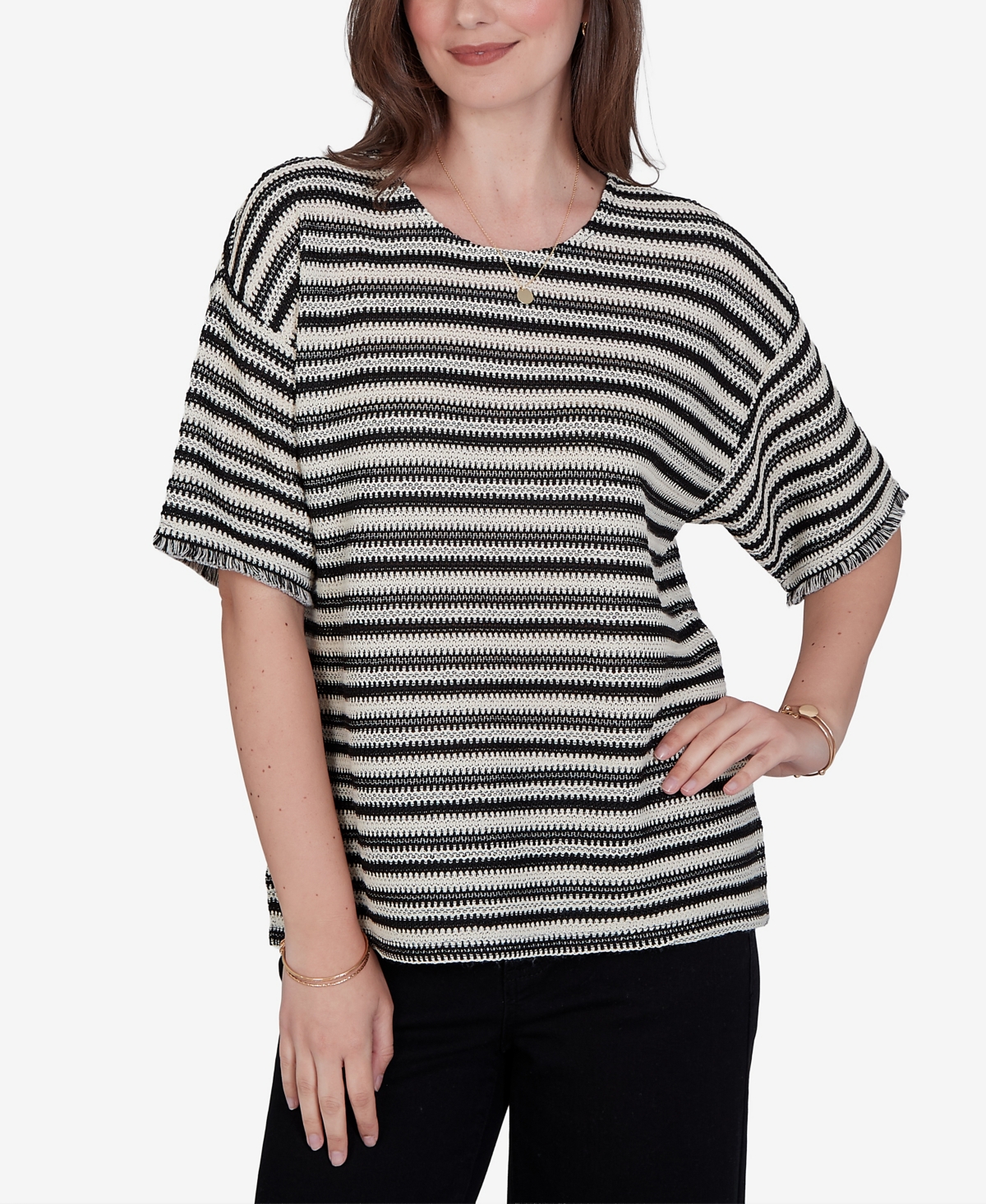 Click here for Ruby Rd. Petite Textured Stripe Fringe Sleeve T-Sh... prices