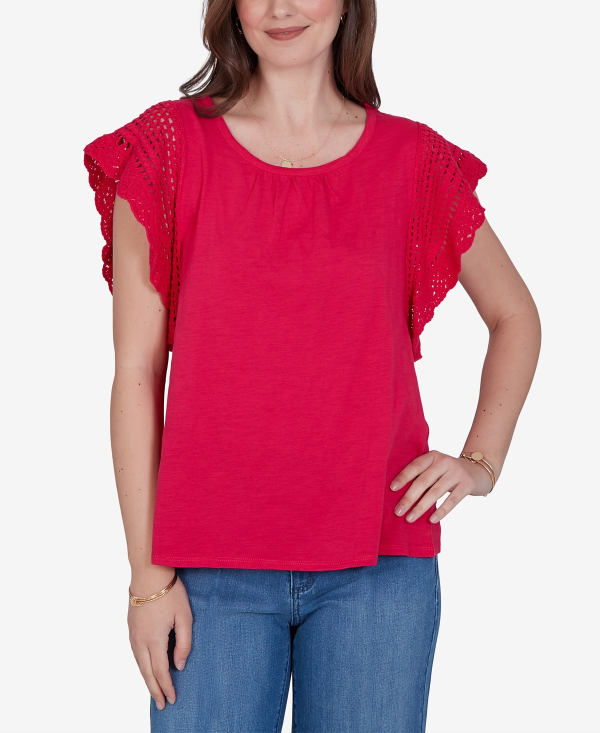 Click here for Ruby Rd. Petite Crochet Sleeve Solid Cotton Blouse... prices